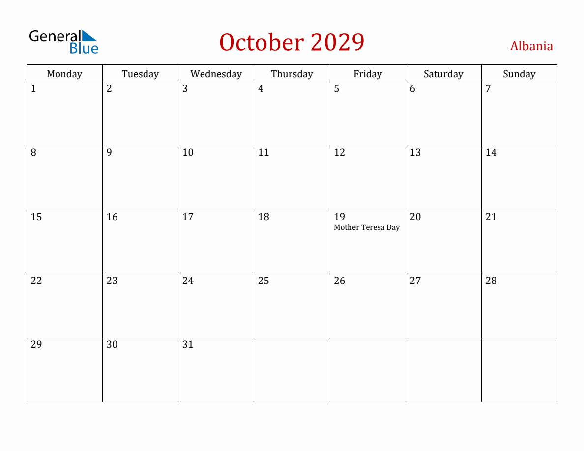 October 2029 Albania Monthly Calendar with Holidays