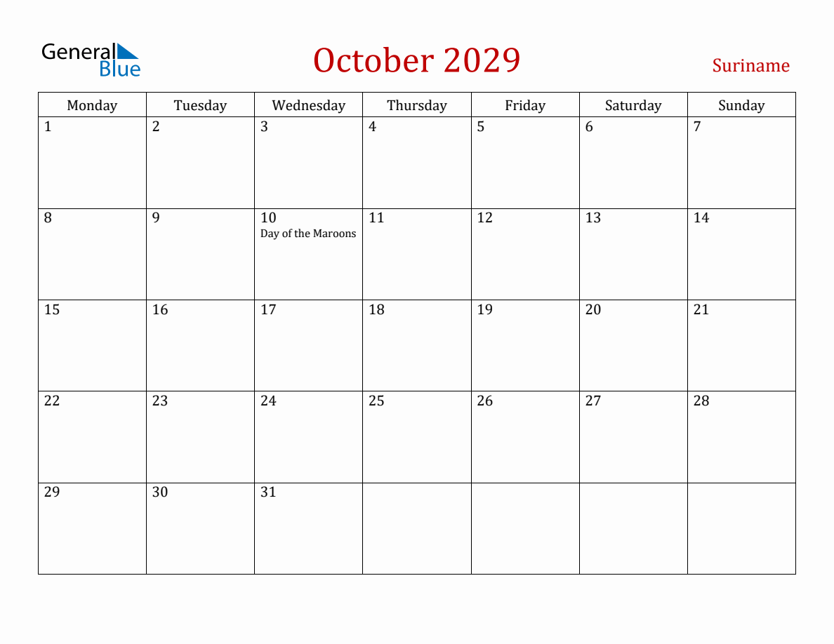 October 2029 Suriname Monthly Calendar with Holidays (Monday Start)