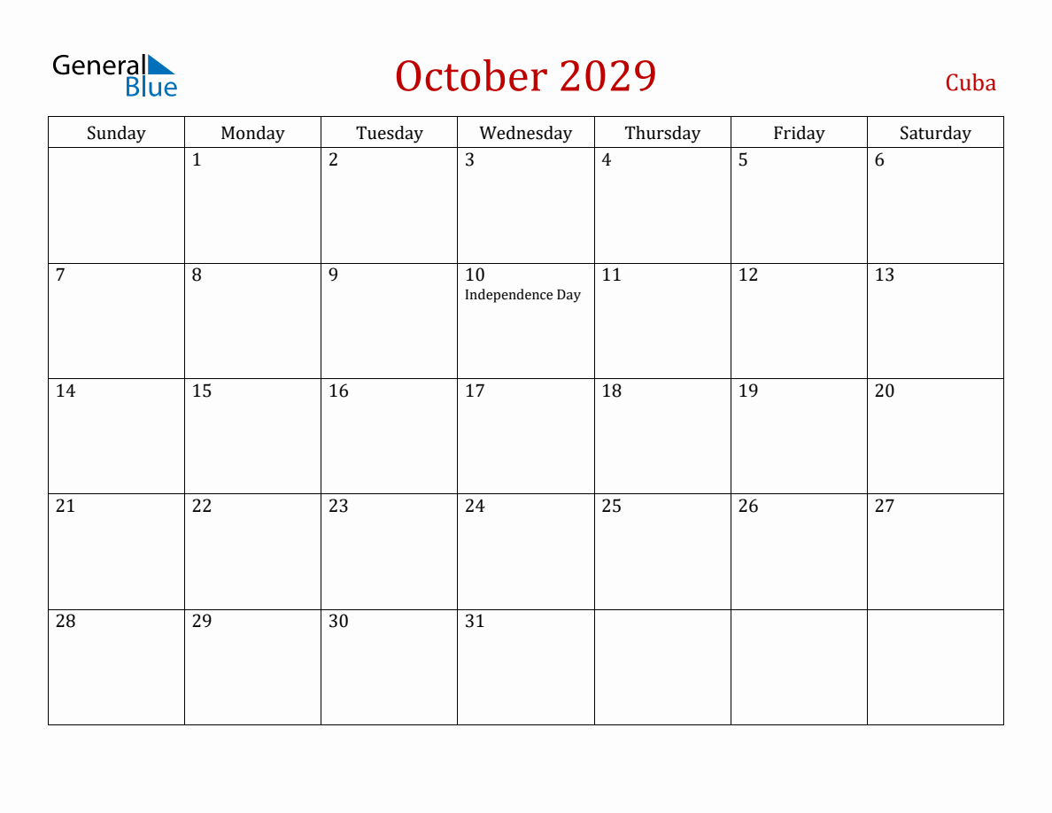 October 2029 Cuba Monthly Calendar with Holidays