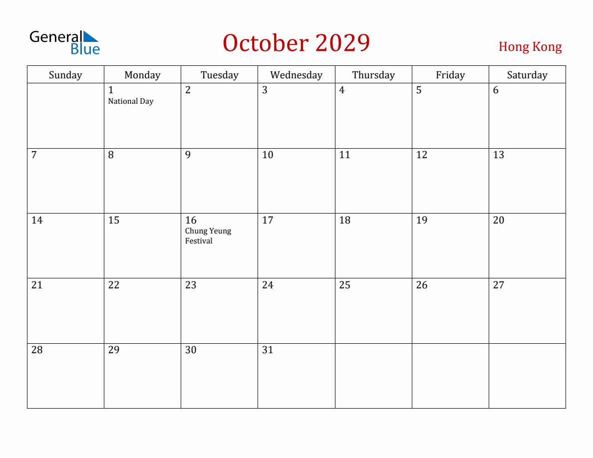 October 2029 Hong Kong Monthly Calendar with Holidays
