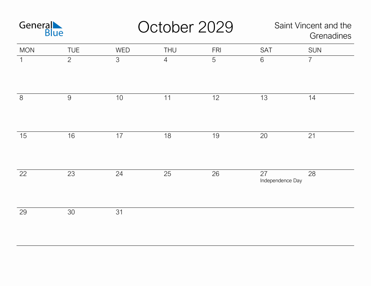 Printable October 2029 Monthly Calendar with Holidays for Saint Vincent ...