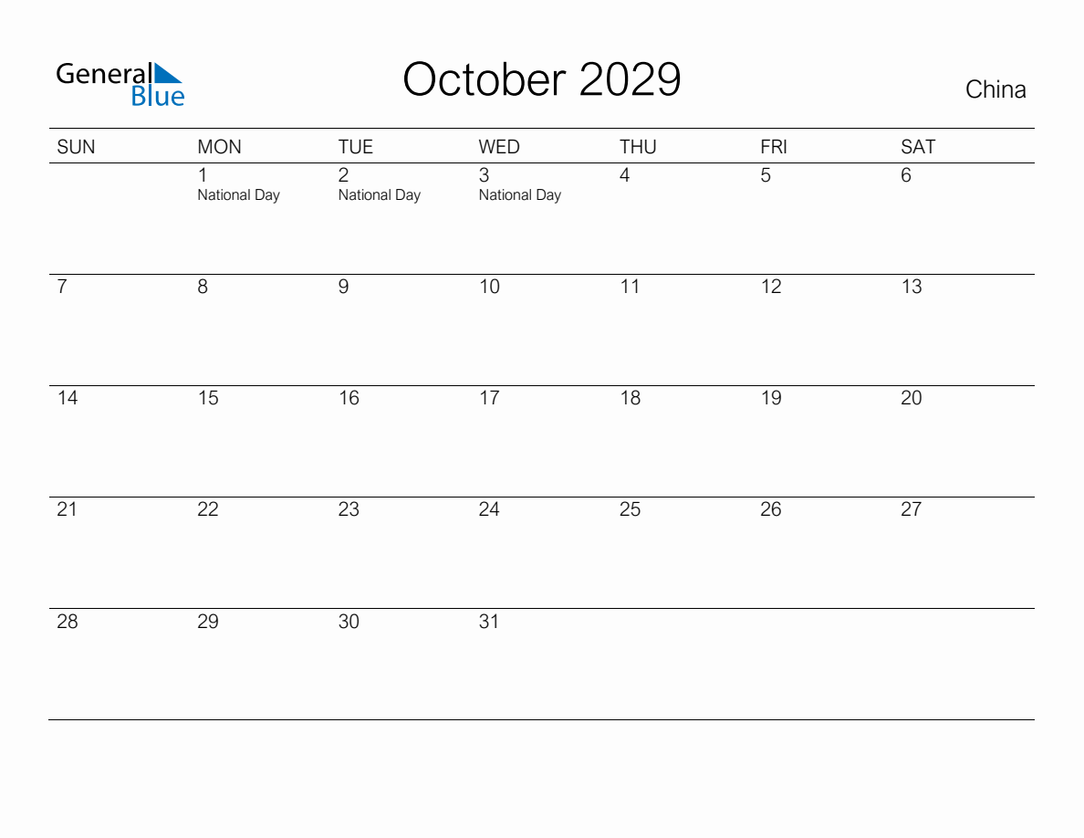 Printable October 2029 Monthly Calendar with Holidays for China
