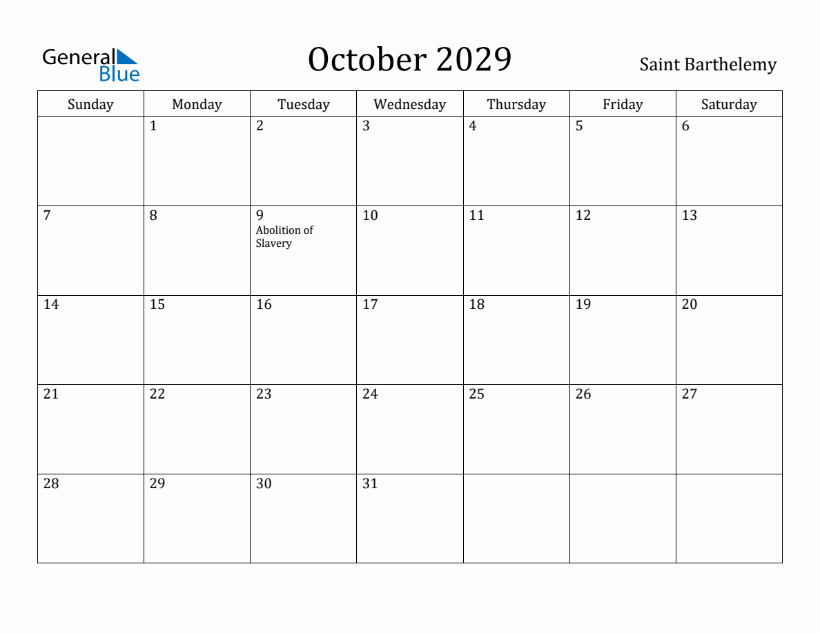October 2029 Monthly Calendar with Saint Barthelemy Holidays
