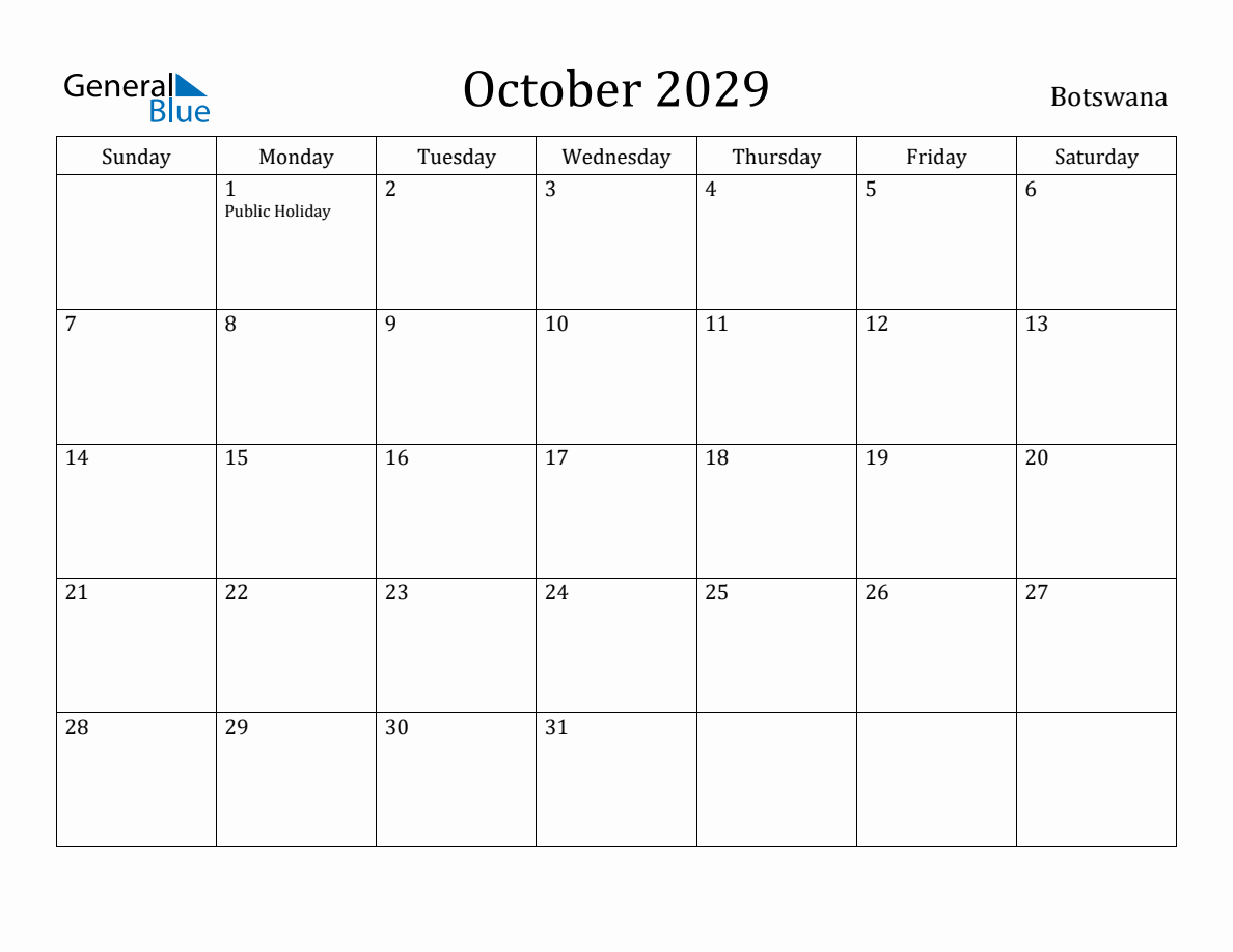 October 2029 Monthly Calendar with Botswana Holidays