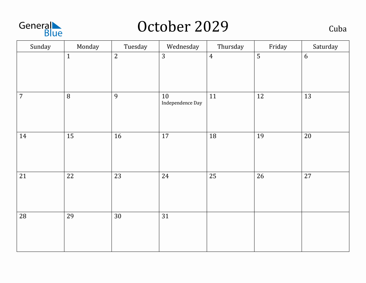 October 2029 Monthly Calendar with Cuba Holidays