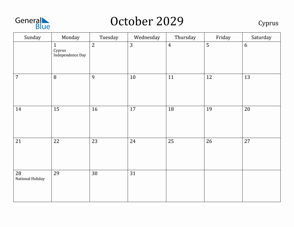 October 2029 Monthly Calendar with Cyprus Holidays
