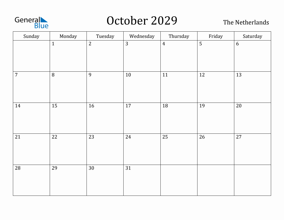 October 2029 Monthly Calendar with The Netherlands Holidays