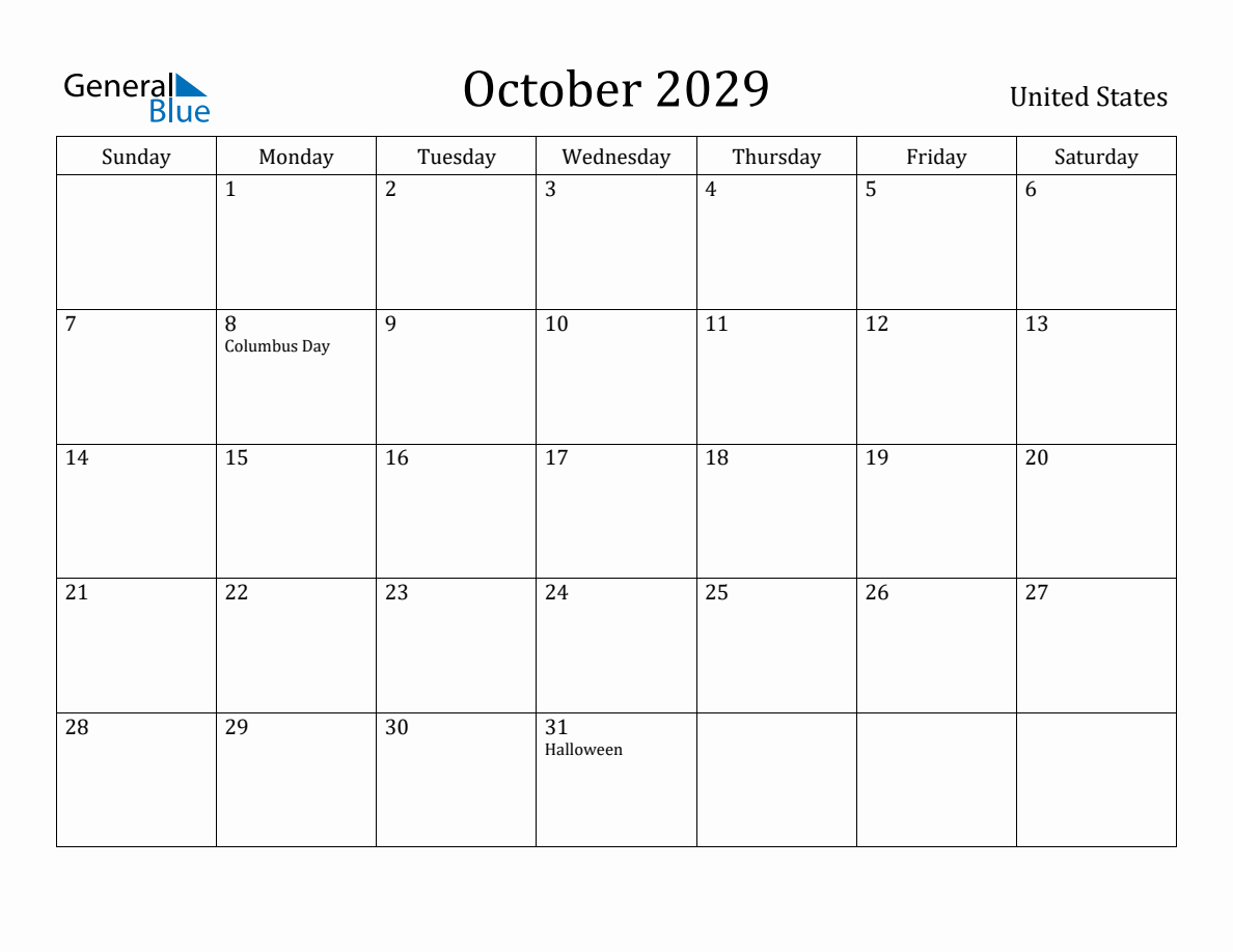 October 2029 Monthly Calendar with United States Holidays