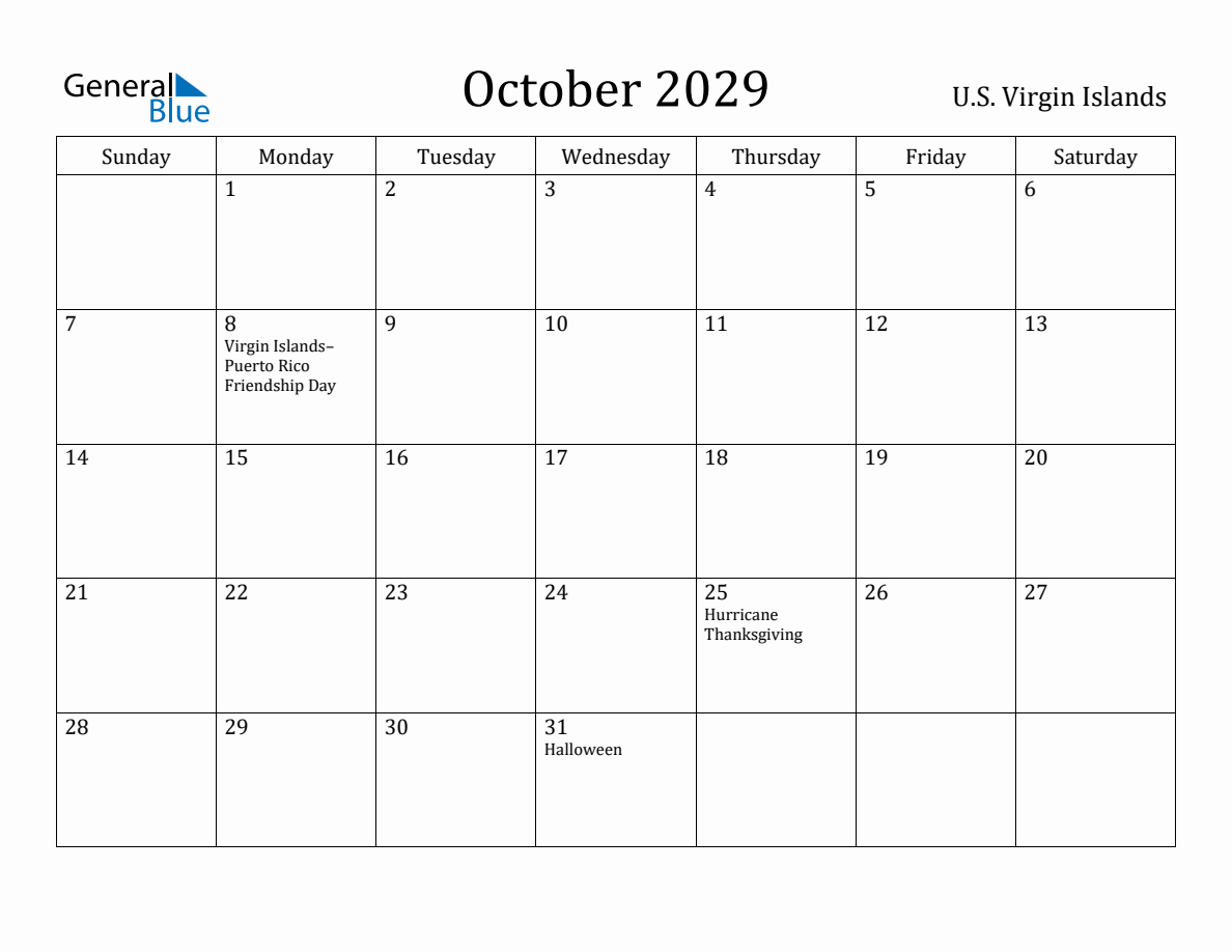 October 2029 Monthly Calendar with U.S. Virgin Islands Holidays