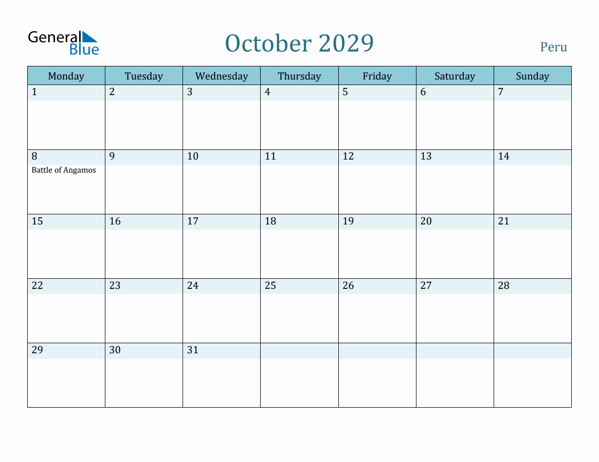 Peru Holiday Calendar for October 2029 (Monday Start)