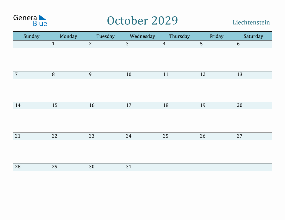 Liechtenstein Holiday Calendar for October 2029