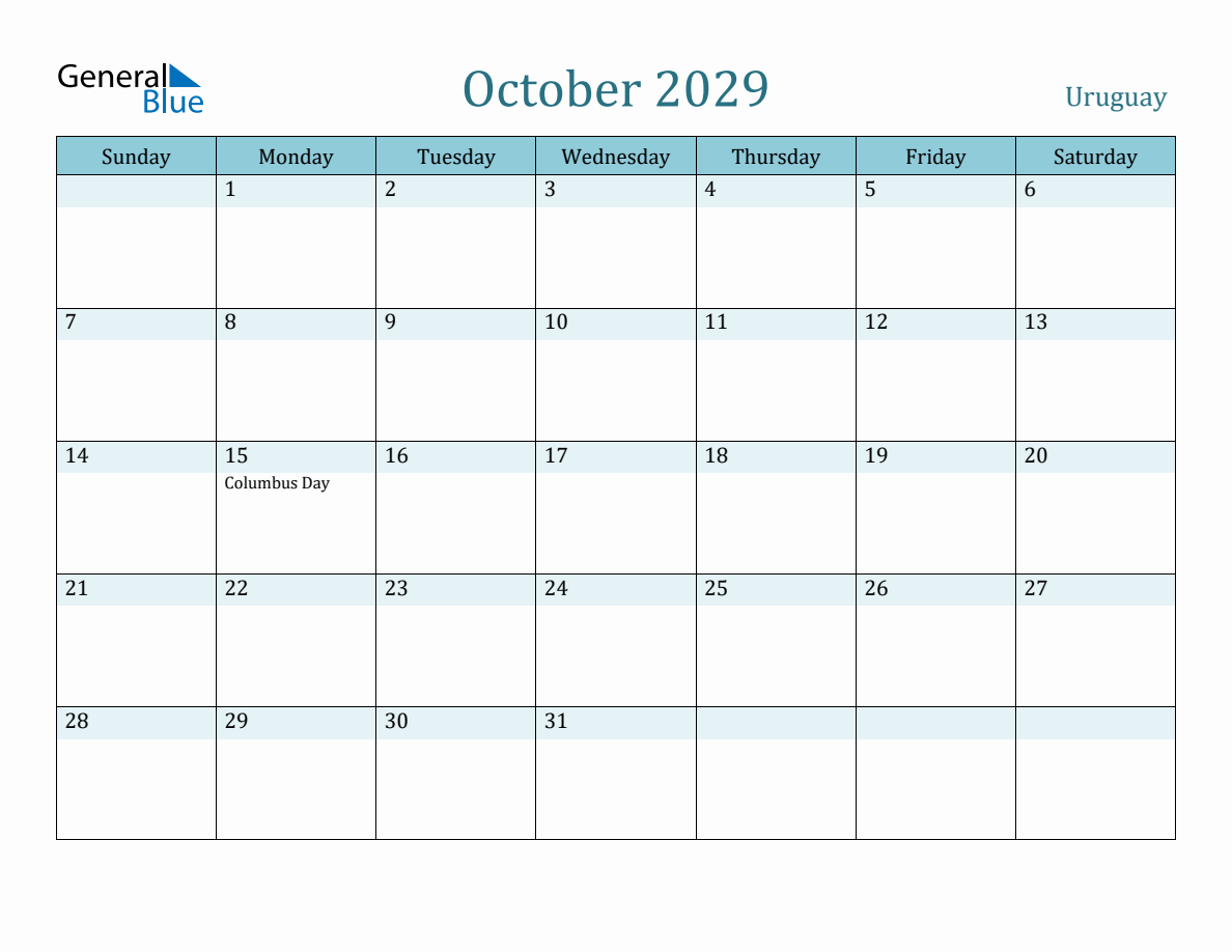 Uruguay Holiday Calendar for October 2029