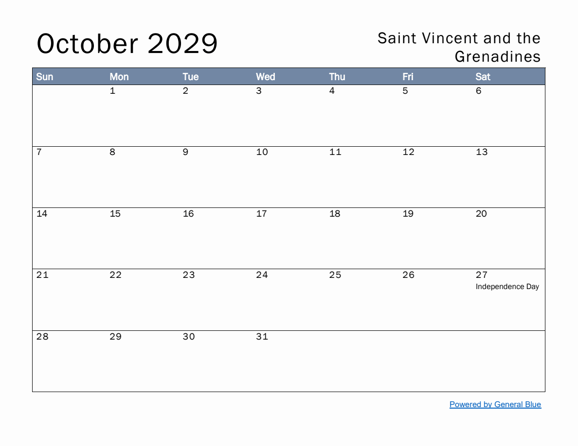 Free Monthly Calendar Template for October 2029 with Saint Vincent and ...