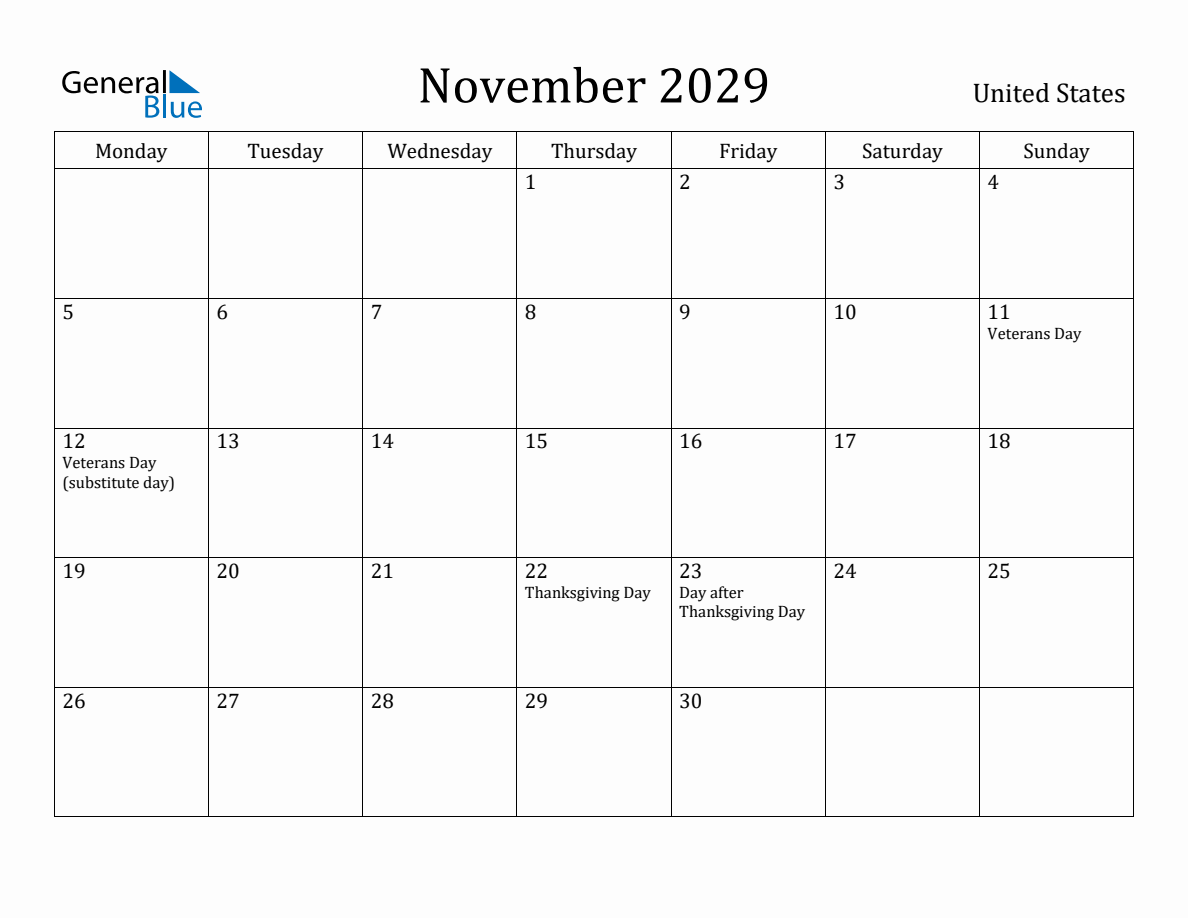 November 2029 Monthly Calendar with United States Holidays