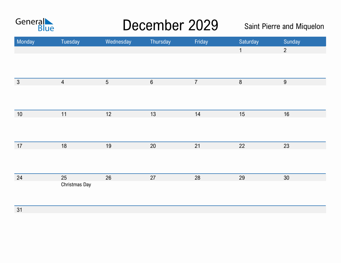Editable December 2029 Calendar with Saint Pierre and Miquelon Holidays ...