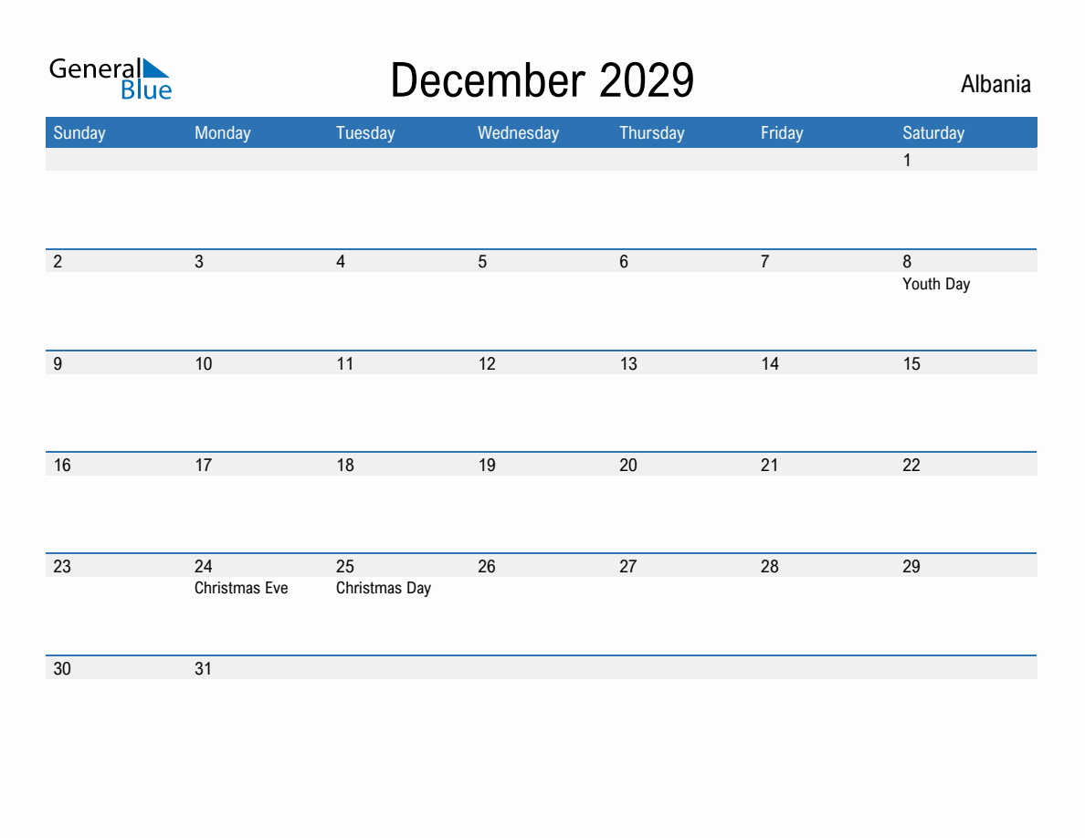 December 2029 Monthly Calendars with Albania Holidays