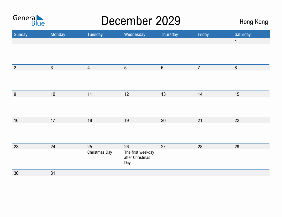 Editable December 2029 Calendar with Hong Kong Holidays