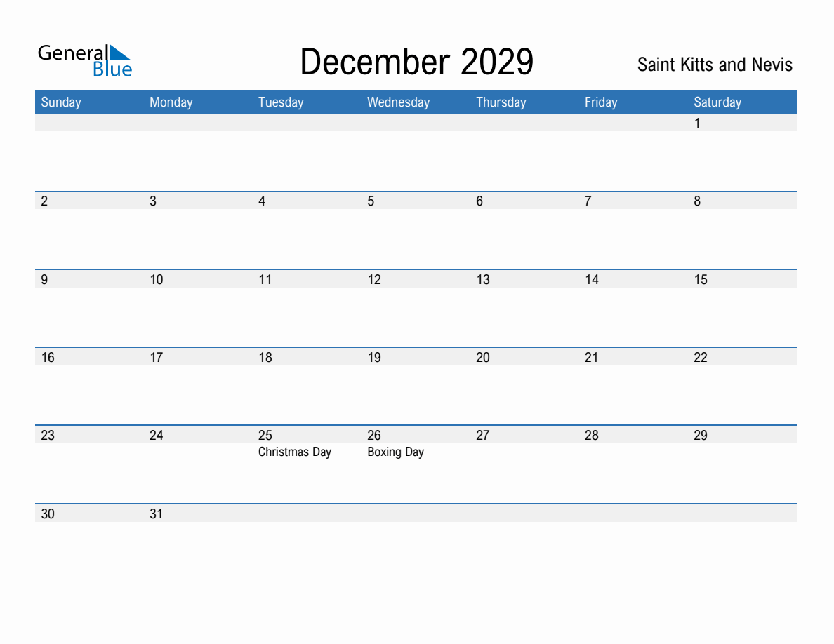 Editable December 2029 Calendar with Saint Kitts and Nevis Holidays