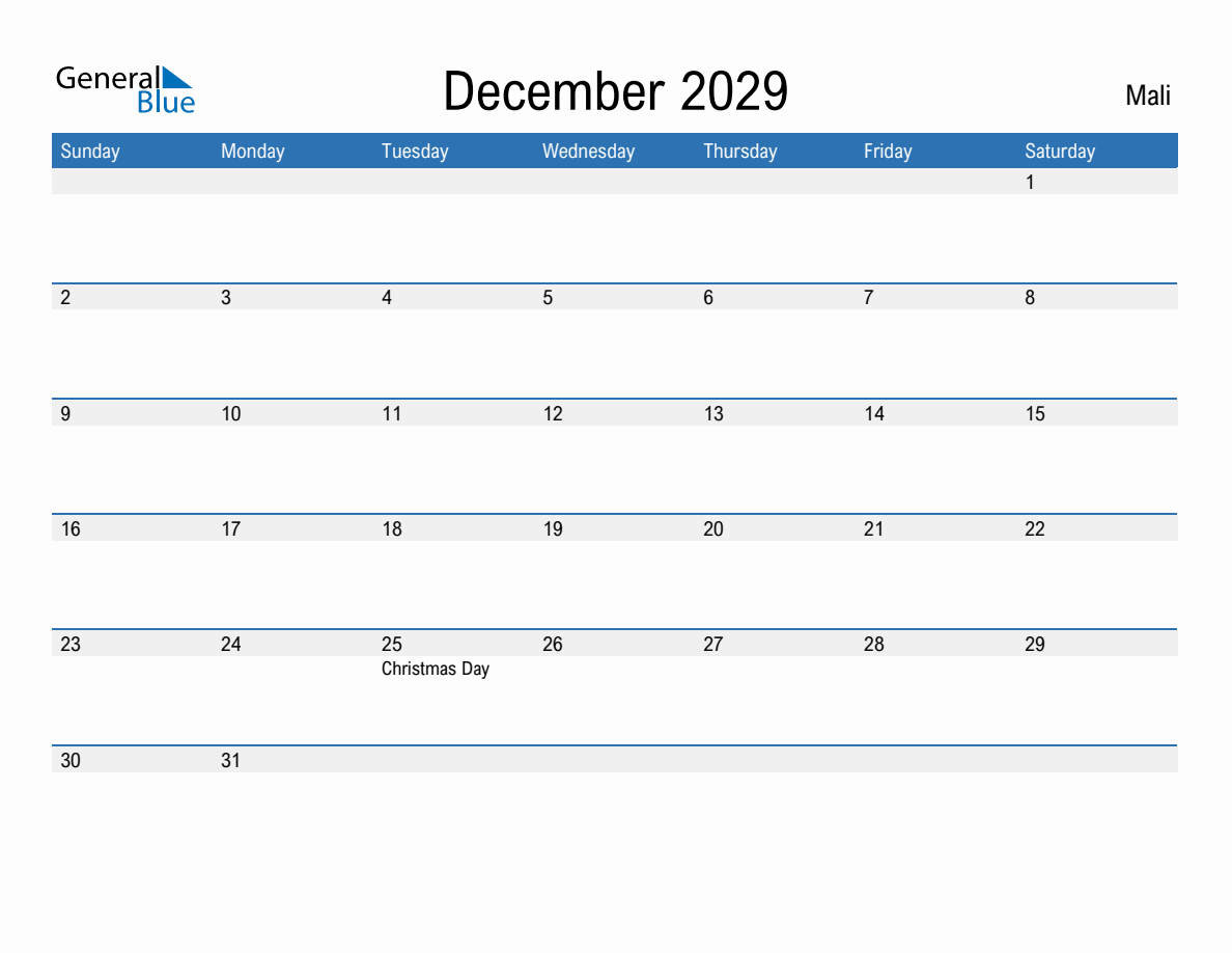 Editable December 2029 Calendar with Mali Holidays