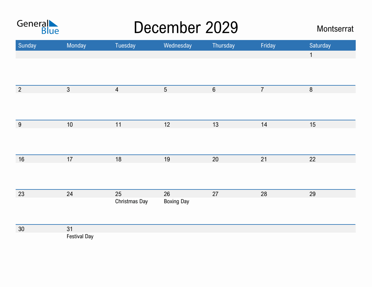 December 2029 Monthly Calendars with Montserrat Holidays