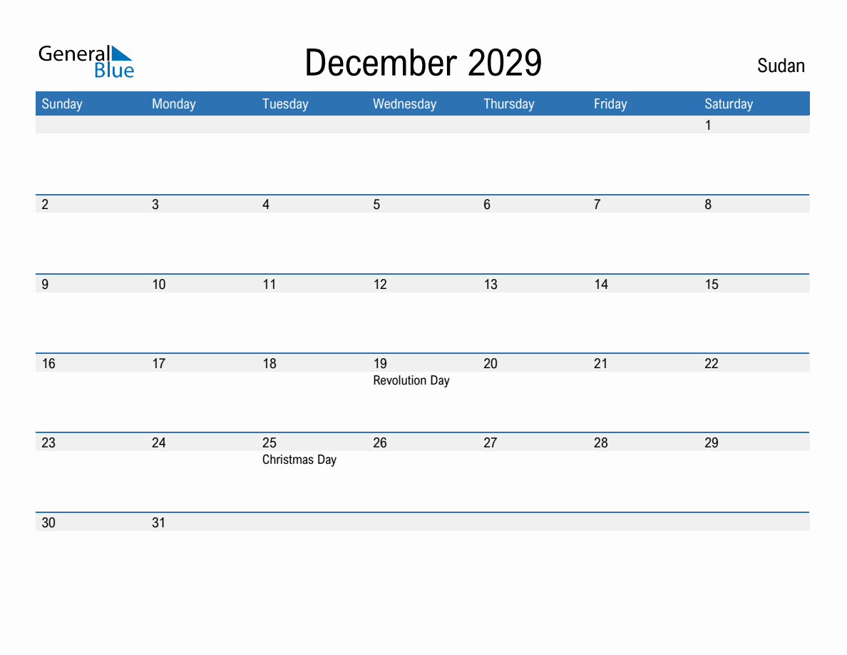 Editable December 2029 Calendar with Sudan Holidays