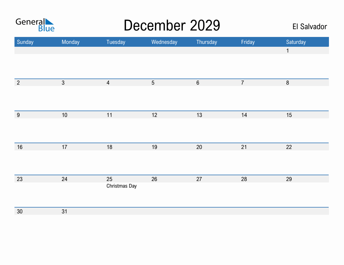 Editable December 2029 Calendar with El Salvador Holidays