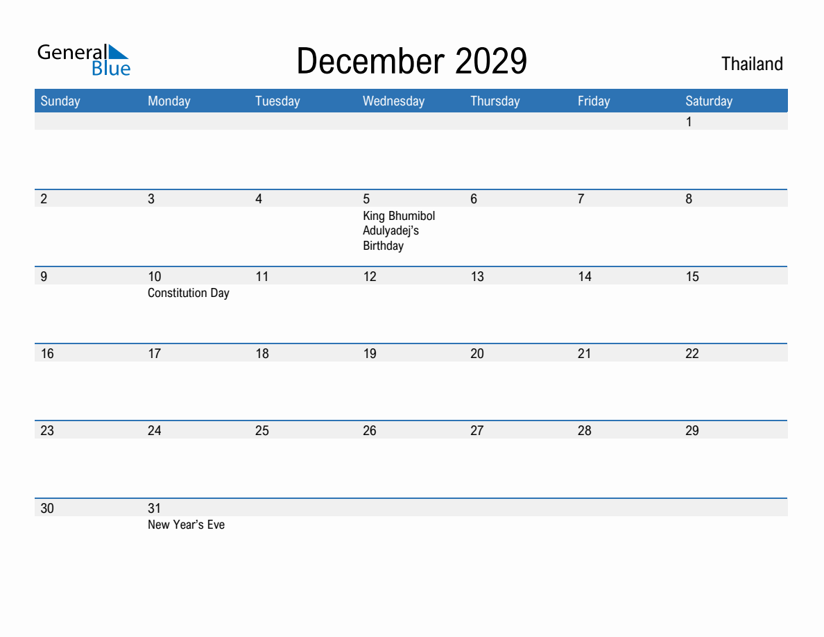 December 2029 Monthly Calendars with Thailand Holidays