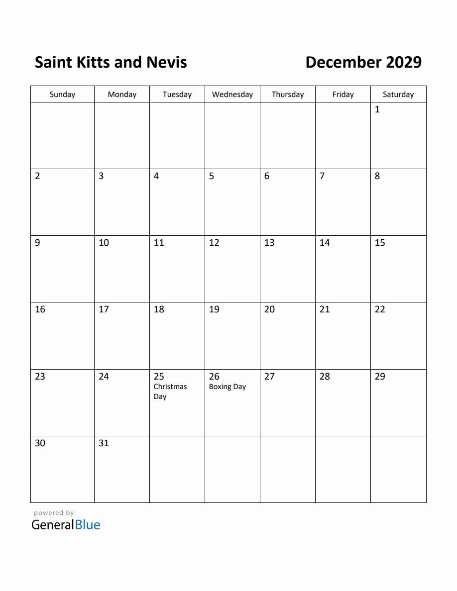 Free Printable December 2029 Calendar for Saint Kitts and Nevis