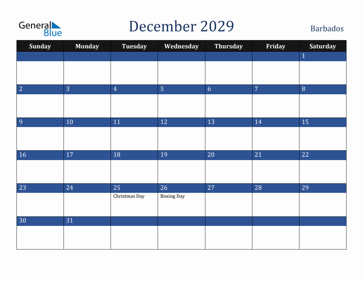 December 2029 Barbados Holiday Calendar