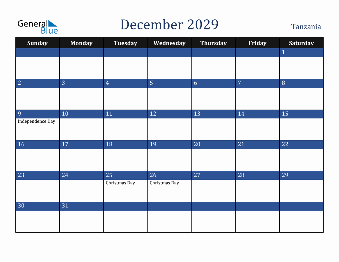 December 2029 Tanzania Holiday Calendar