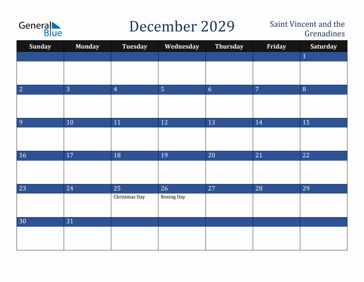 December 2029 Saint Vincent and the Grenadines Holiday Calendar