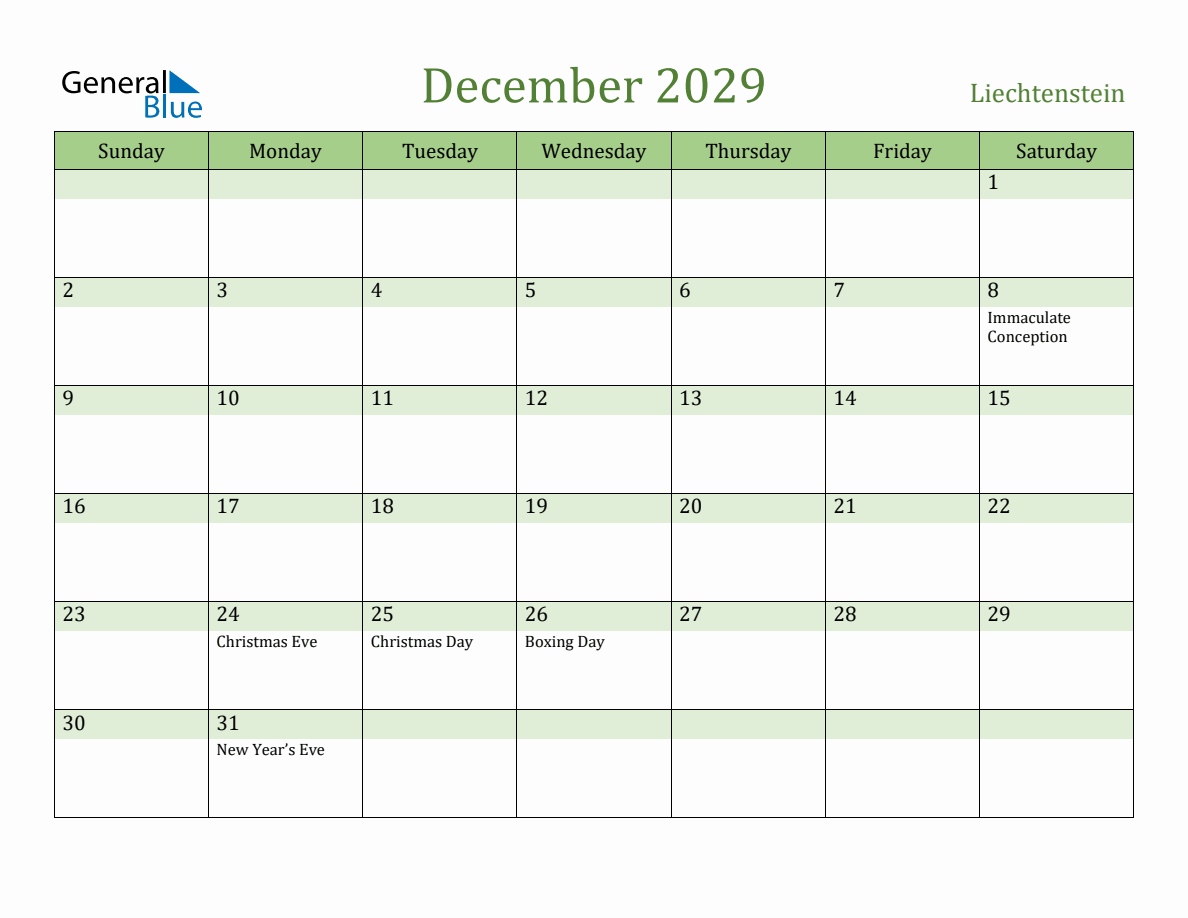 Fillable Holiday Calendar for Liechtenstein - December 2029