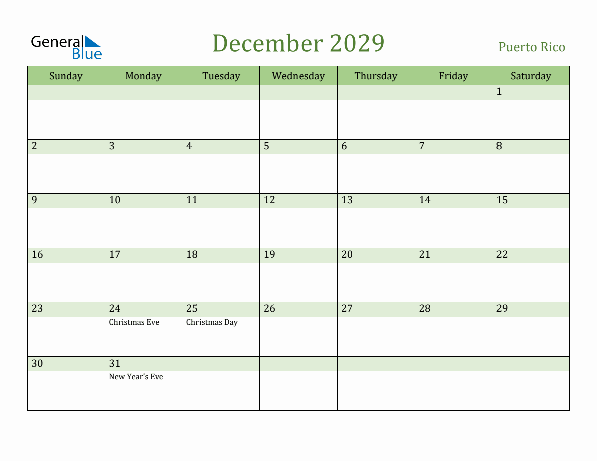 Fillable Holiday Calendar for Puerto Rico - December 2029
