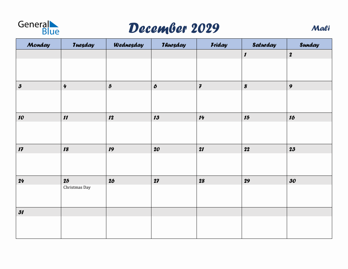 December 2029 Monthly Calendar Template with Holidays for Mali (Monday ...