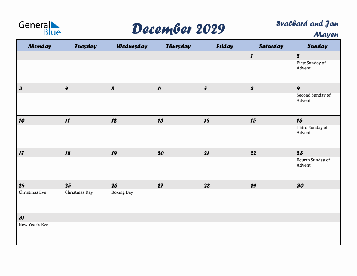 December 2029 Monthly Calendar Template with Holidays for Svalbard and ...