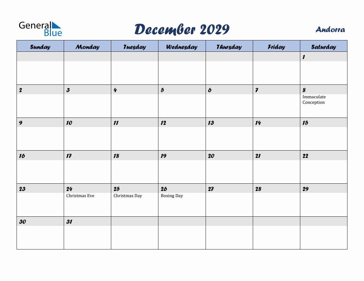 December 2029 Monthly Calendar Template with Holidays for Andorra