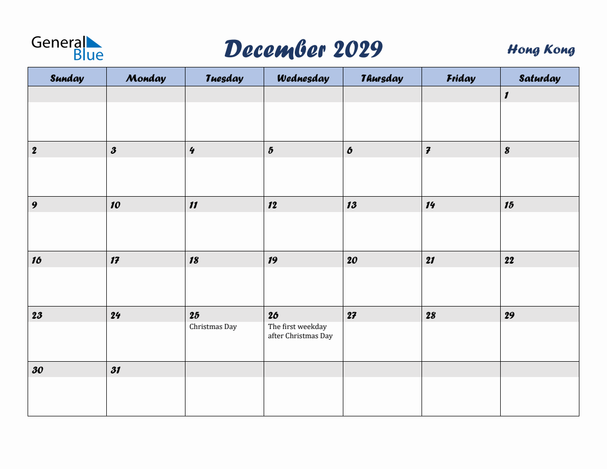 December 2029 Monthly Calendar Template with Holidays for Hong Kong