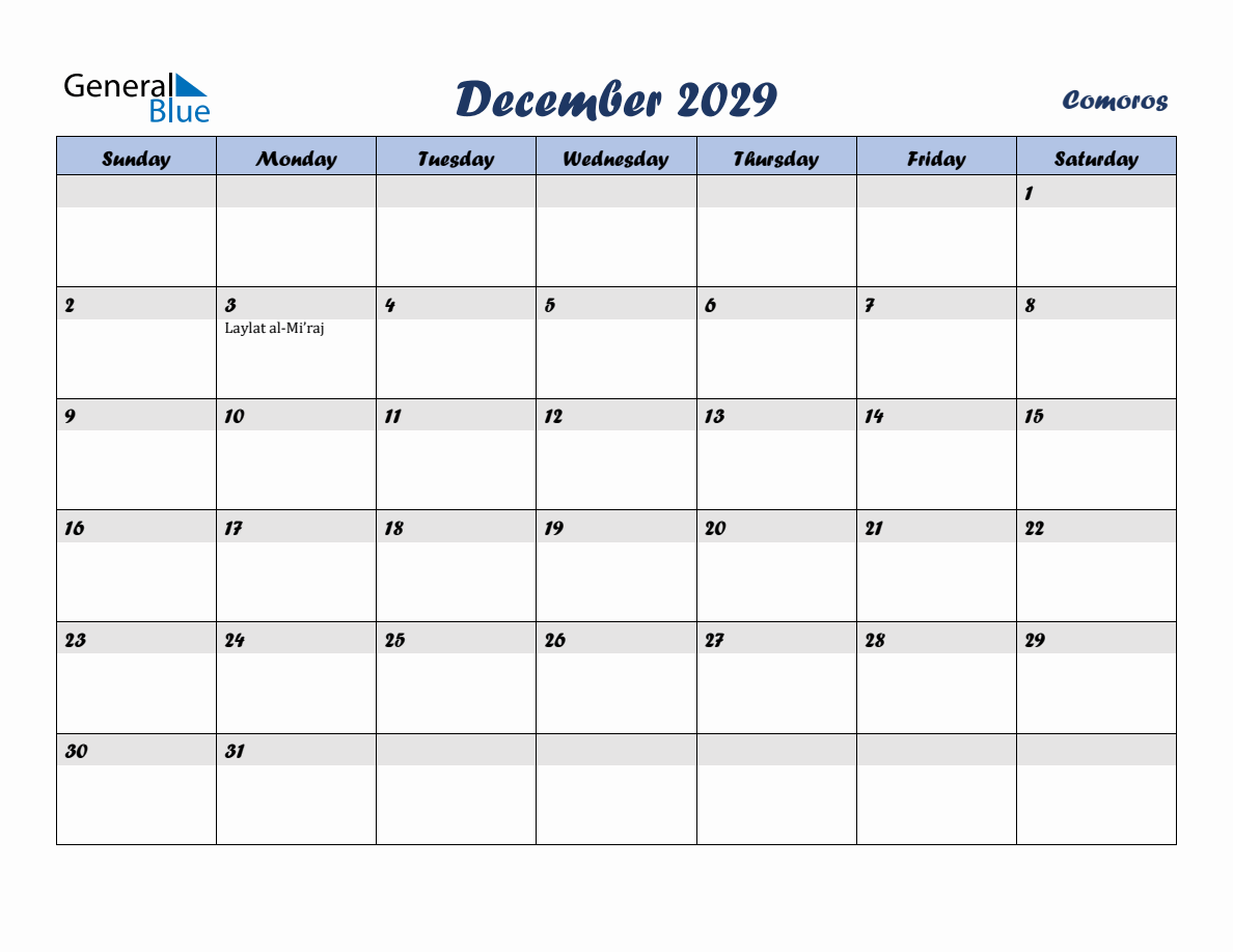 December 2029 Monthly Calendar Template with Holidays for Comoros
