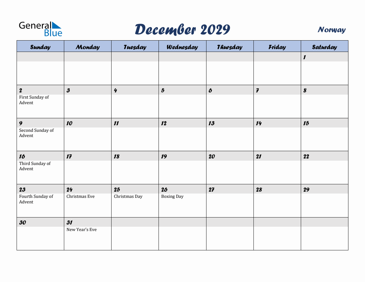 December 2029 Monthly Calendar Template with Holidays for Norway
