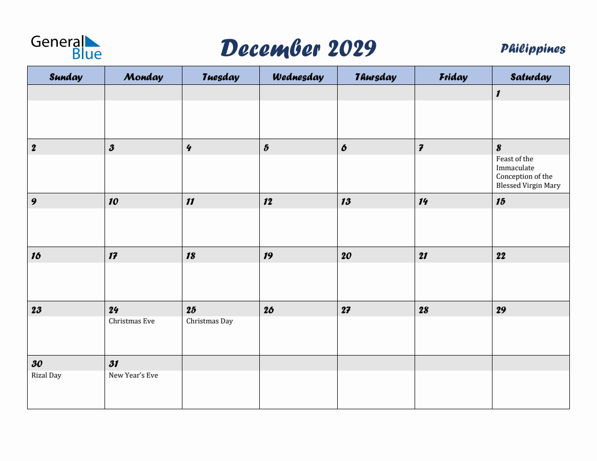December 2029 Monthly Calendar Template with Holidays for Philippines