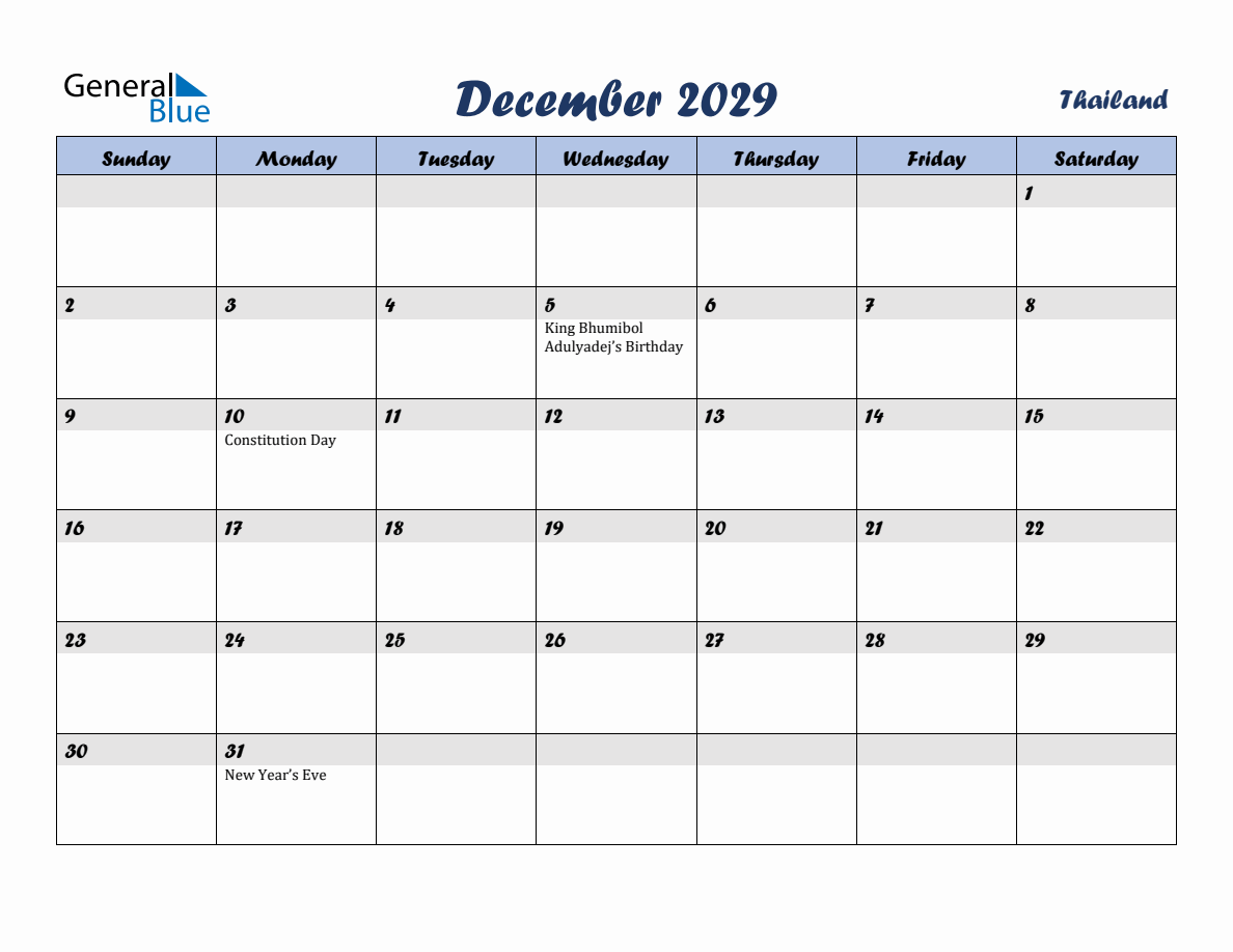 December 2029 Monthly Calendar Template with Holidays for Thailand