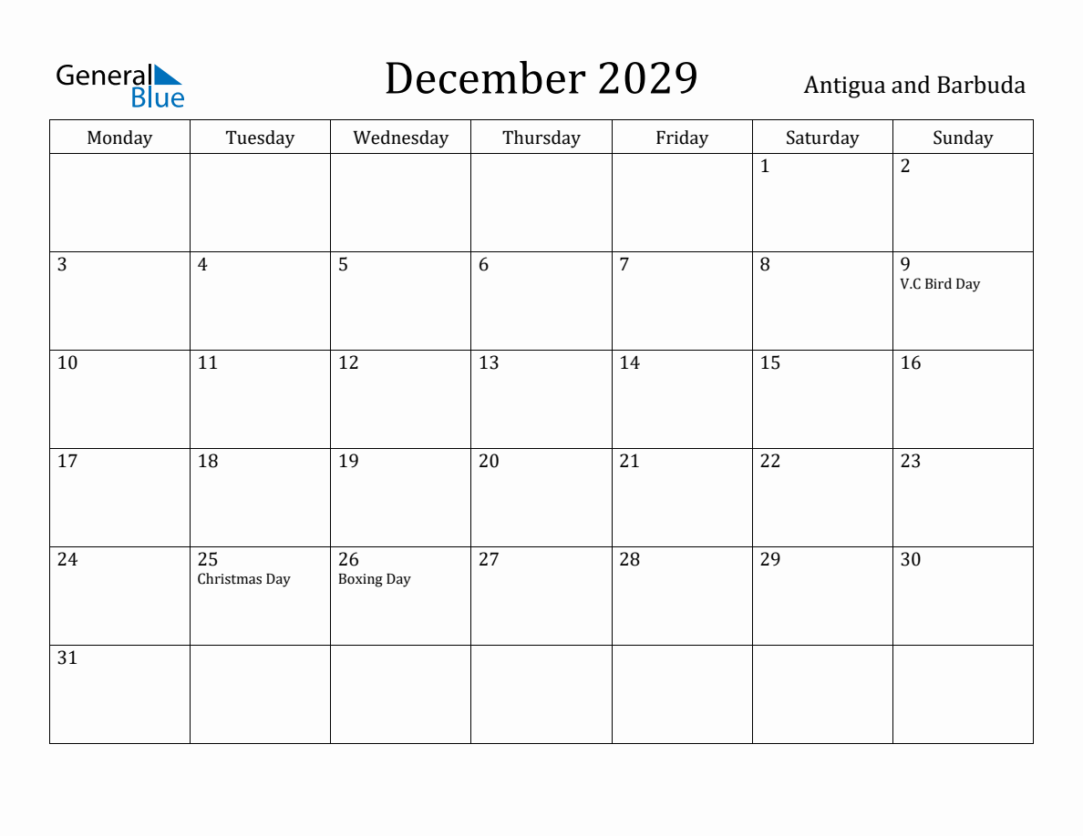 December 2029 - Antigua and Barbuda Monthly Calendar with Holidays