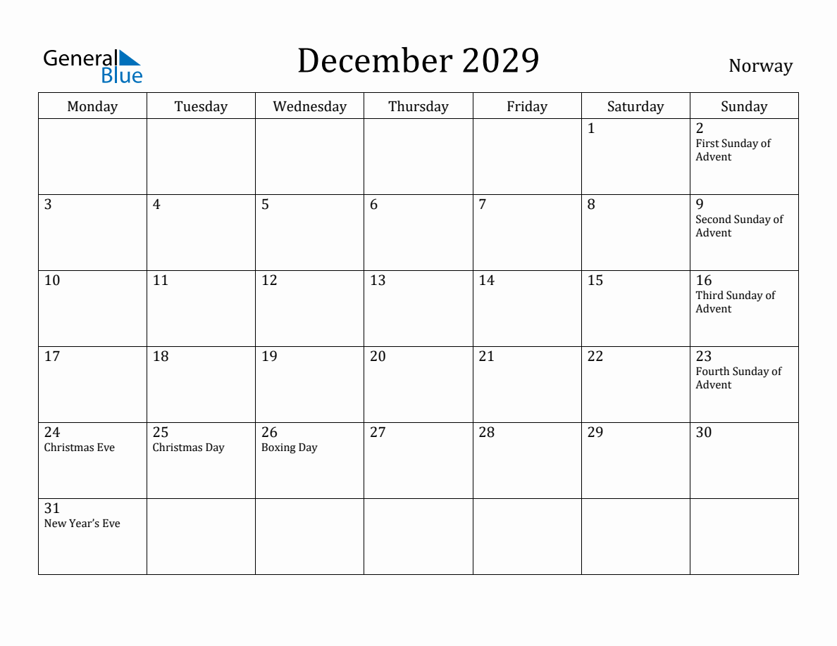 December 2029 Monthly Calendar with Norway Holidays (Monday Start)
