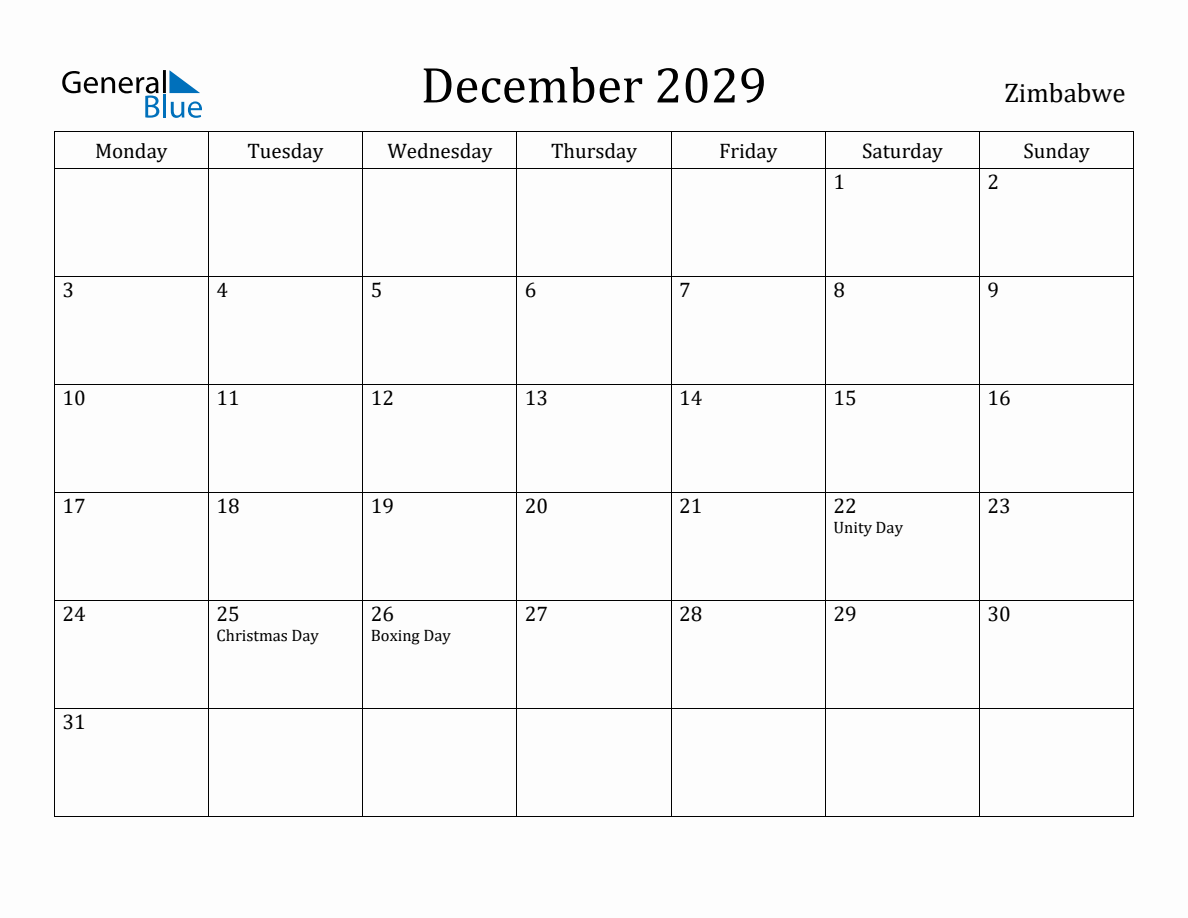 December 2029 - Zimbabwe Monthly Calendar with Holidays