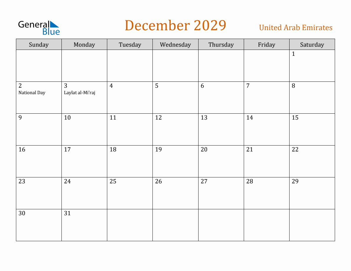 Free December 2029 United Arab Emirates Calendar