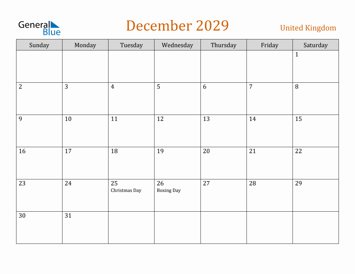 Free December 2029 United Kingdom Calendar