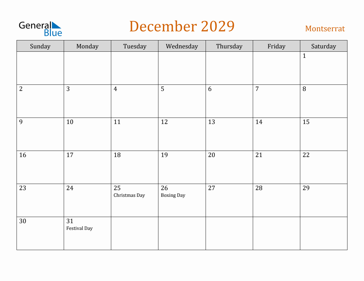 Free December 2029 Montserrat Calendar