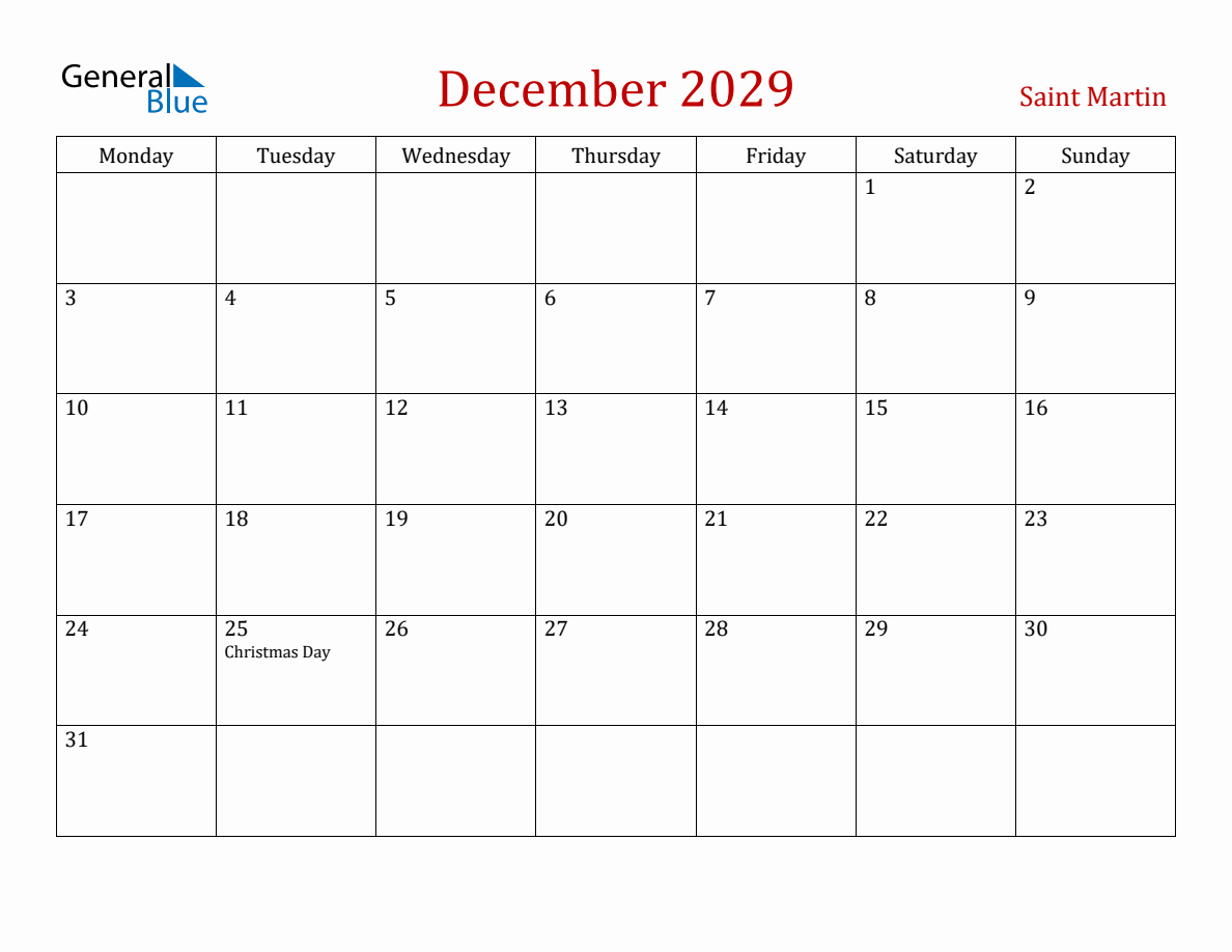 December 2029 Saint Martin Monthly Calendar with Holidays (Monday Start)