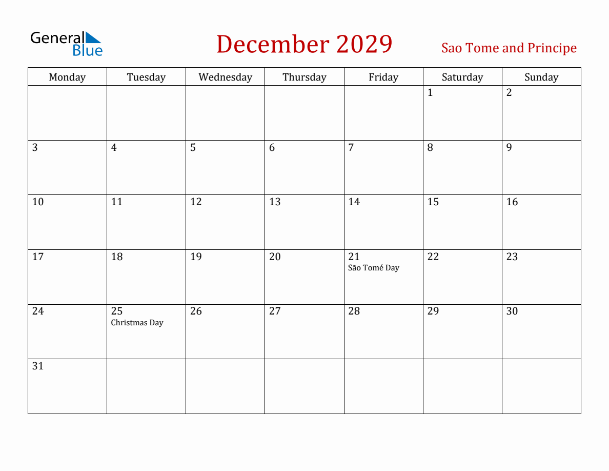 December 2029 Sao Tome and Principe Monthly Calendar with Holidays ...
