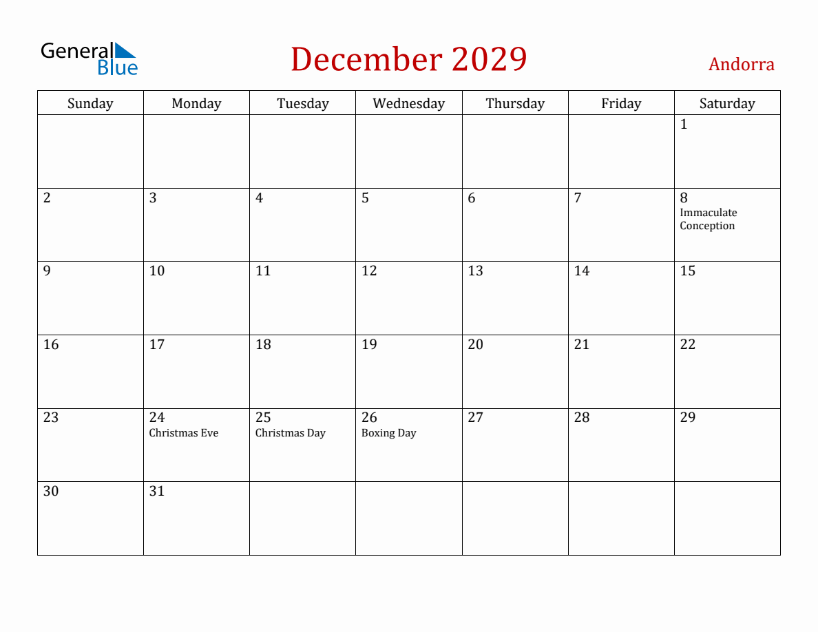 December 2029 Andorra Monthly Calendar with Holidays
